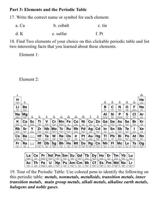 Solved Part 3: Elements and the Periodic Table 17. Write the | Chegg.com