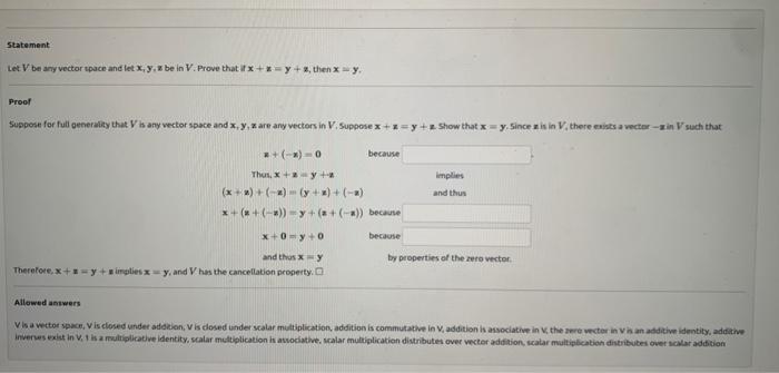 Solved Let V be any vector sace and let x,y, z be in V. | Chegg.com