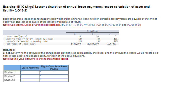 Solved Exerclse 15-10 (Algo) ﻿Lessor calculation of annual | Chegg.com