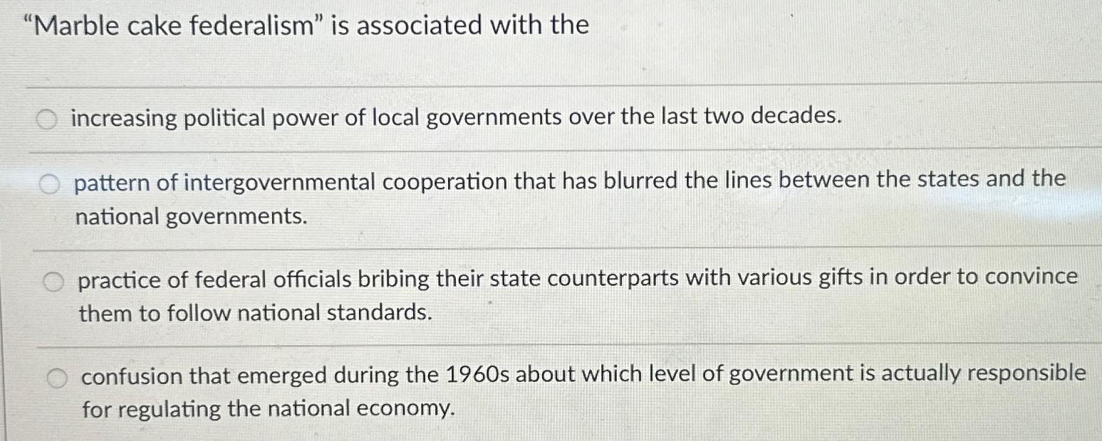 Solved "Marble cake federalism" is associated with | Chegg.com