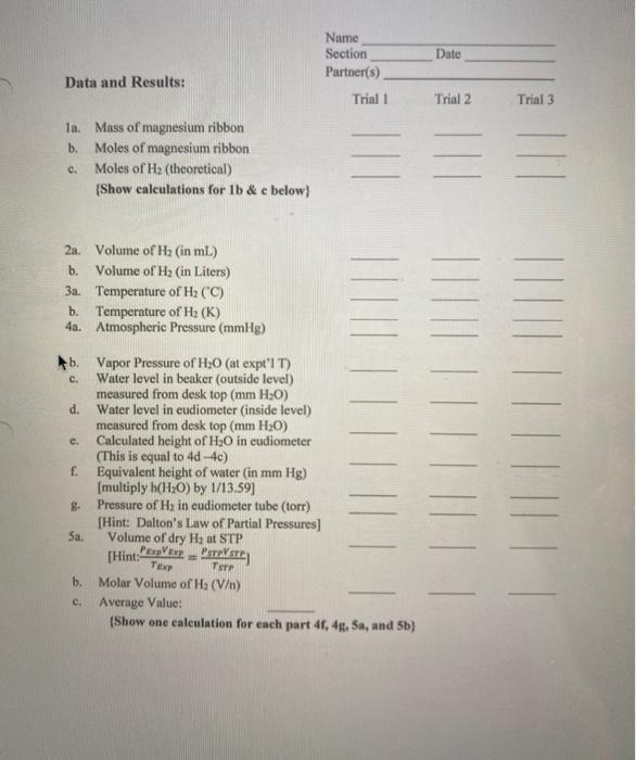 Lab 23- Molar Volume of Hydrogen Gas PURPOSE In this | Chegg.com