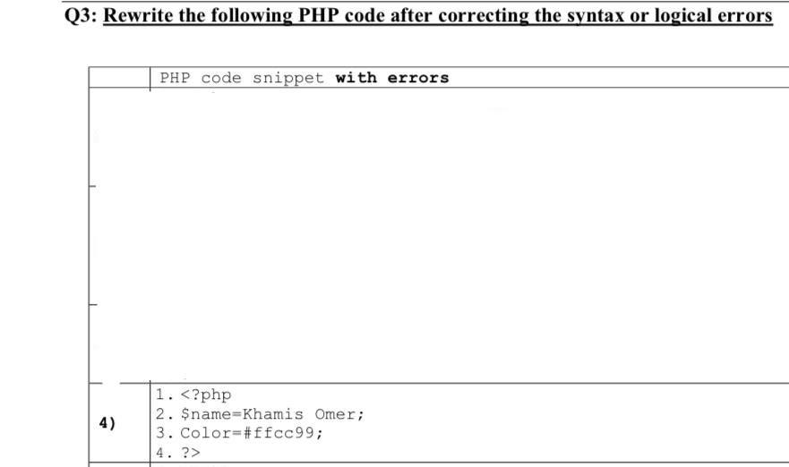 Solved Q3: Rewrite the following PHP code after correcting | Chegg.com