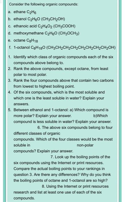 Solved Consider the following organic compounds: a. ethane | Chegg.com