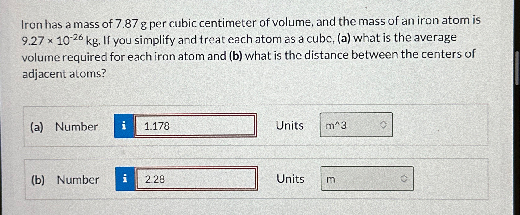Solved Iron has a mass of 7.87g ﻿per cubic centimeter of | Chegg.com