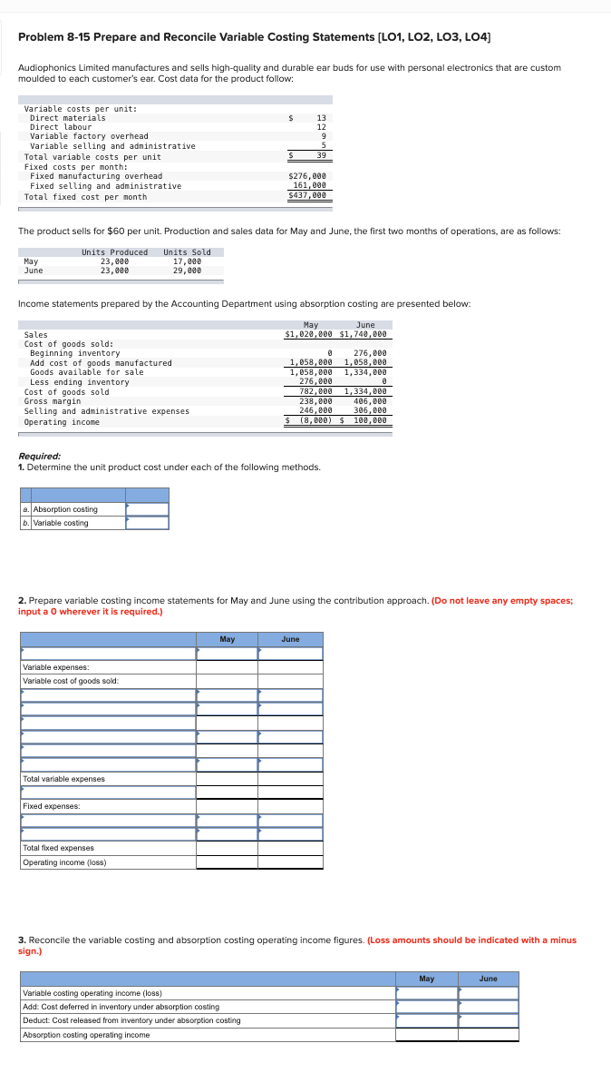 Solved Problem 8-15 ﻿Prepare and Reconcile Variable Costing | Chegg.com