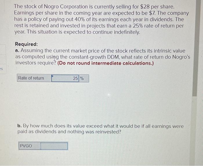 Solved The stock of Nogro Corporation is currently selling | Chegg.com