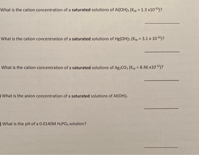 Solved What is the cation concentration of a saturated | Chegg.com
