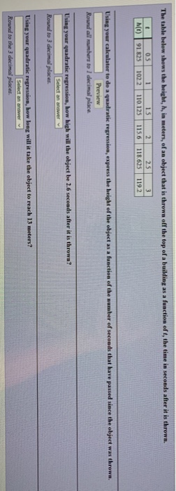 Solved The table below shows the height, , in meters, of an | Chegg.com