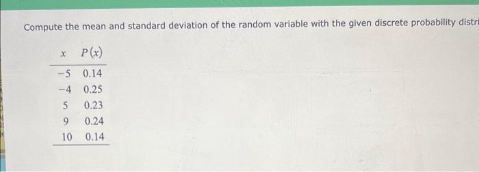 Solved Compute the mean and standard deviation of the random | Chegg.com