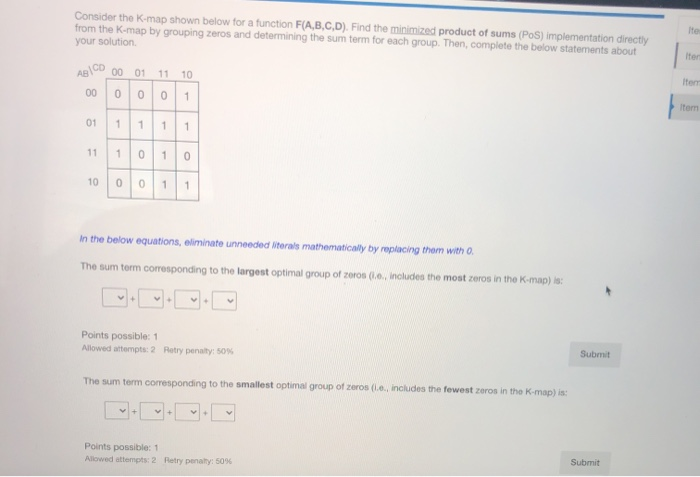 Solved Consider the K-map shown below for a function | Chegg.com