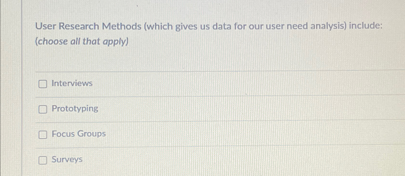 Solved User Research Methods (which gives us data for our | Chegg.com