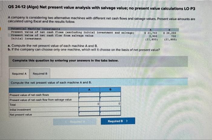 Solved OS 24-12 (Algo) Net present value analysis with | Chegg.com