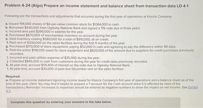 Solved Problem 4-24 (Algo) Prepare an income statement and | Chegg.com