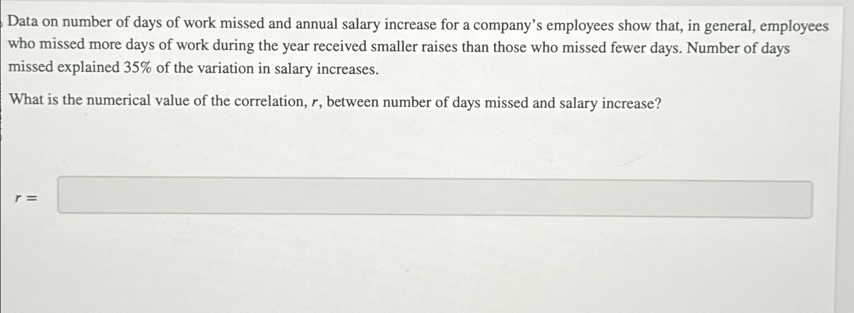 Solved Data on number of days of work missed and annual | Chegg.com