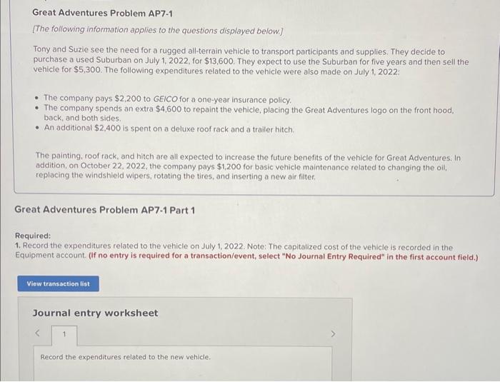 Solved Great Adventures Problem AP7-1 [The following | Chegg.com