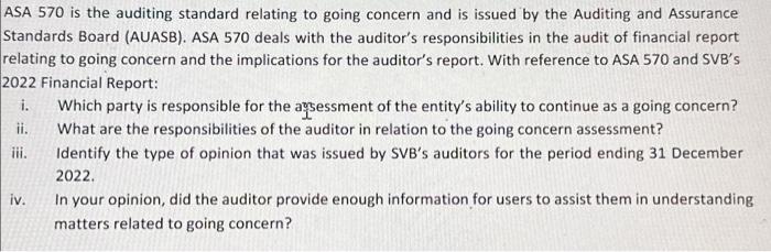 Solved ASA 570 is the auditing standard relating to going | Chegg.com