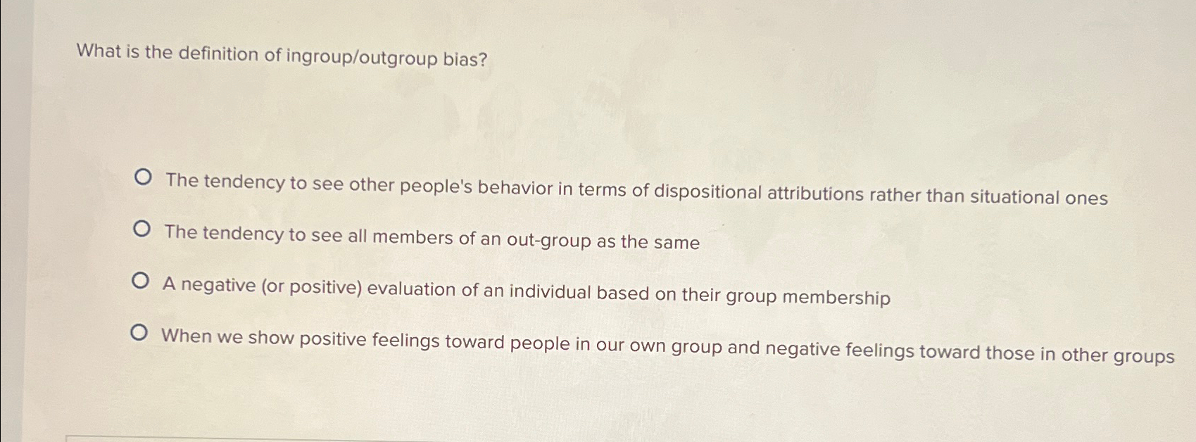 Solved What is the definition of ingroup/outgroup bias?The | Chegg.com
