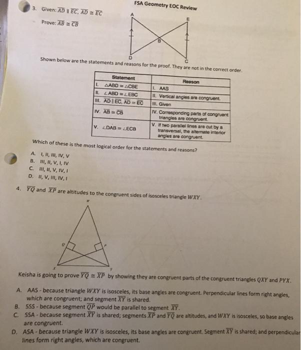 Solved FSA Geometry EOC Review 3. Given: AD 1 EC, AD EC | Chegg.com