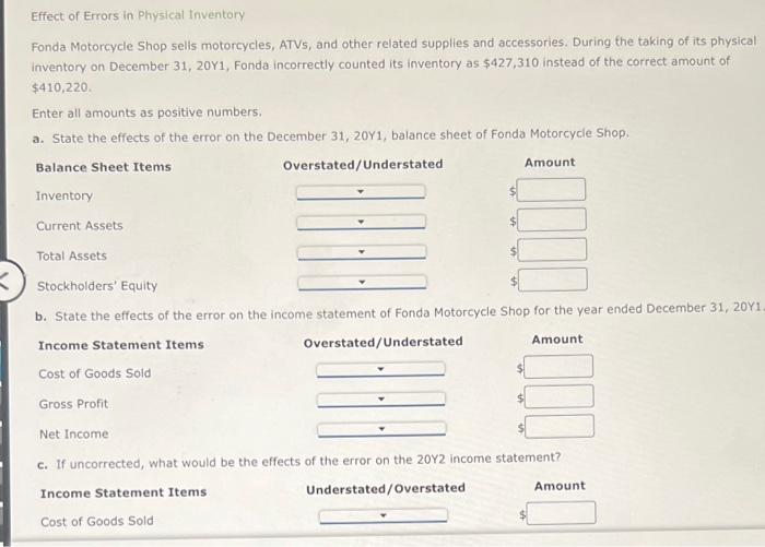 Solved Effect of Errors in Physical Inventory Fonda | Chegg.com