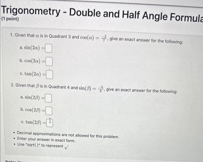 Solved Trigonometry - Double and Half Angle Formula (1 | Chegg.com