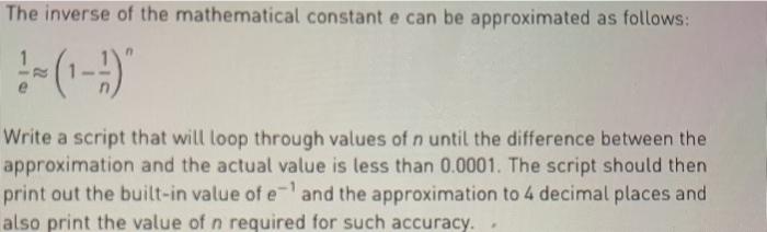 Solved The inverse of the mathematical constant e can be | Chegg.com