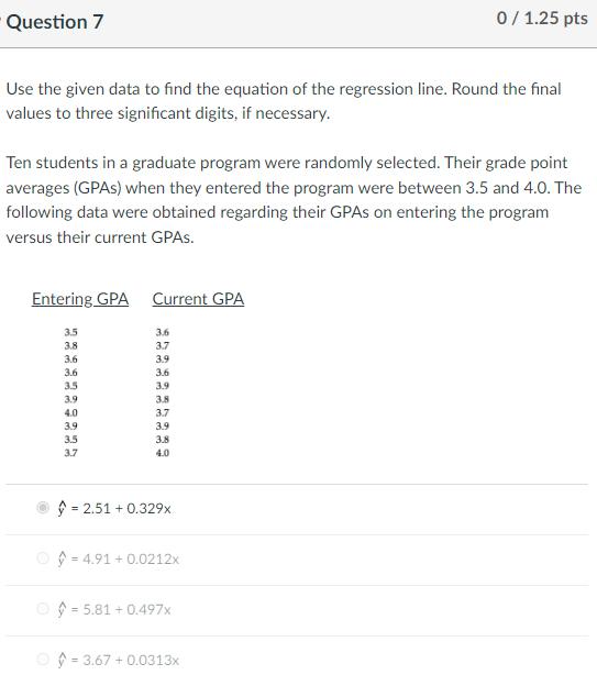 Solved Question 7Use the given data to find the equation of | Chegg.com