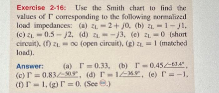 Solved Exercise 2-16: Use the Smith chart to find the values | Chegg.com