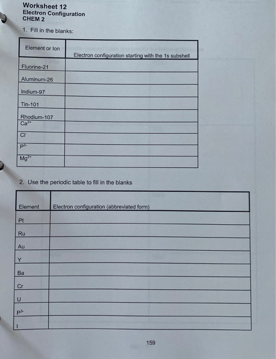 Solved Worksheet 12 Electron Configuration CHEM 2 1. Fill in | Chegg.com