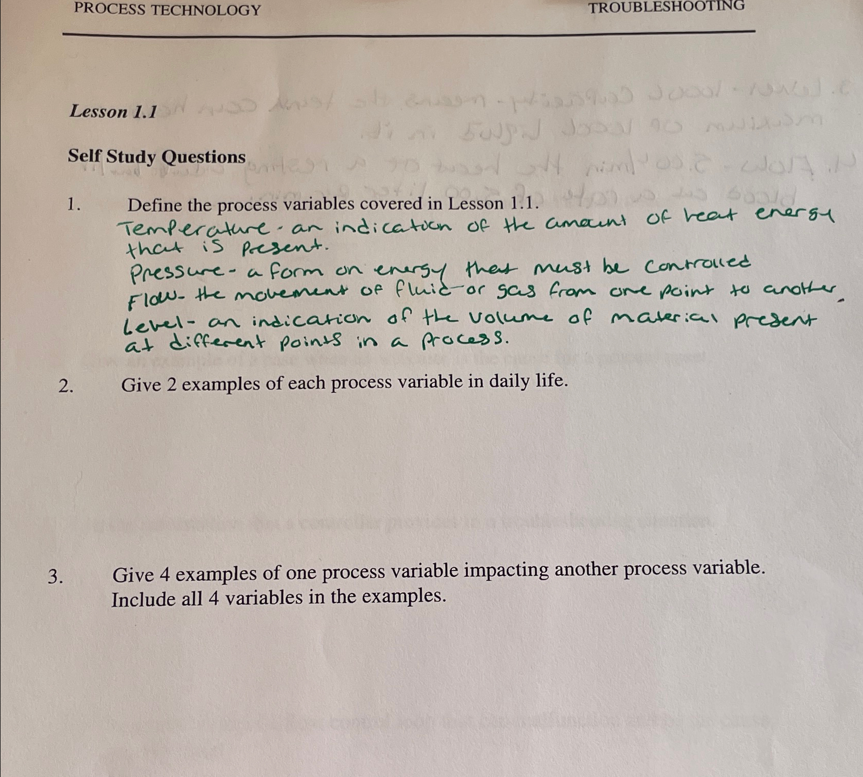 Solved PROCESS TECHNOLOGYTROUBLESHOOTINGLesson 1.1Self Study | Chegg.com