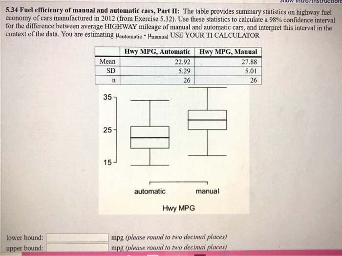 Solved 5.34 Fuel efficiency of manual and automatic cars, | Chegg.com