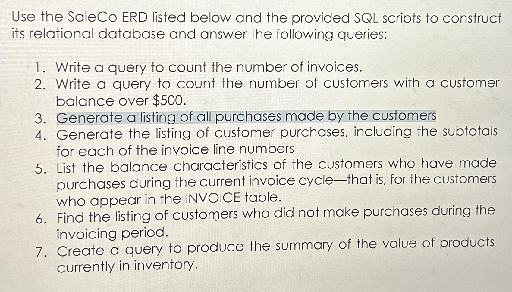 Solved Use the SaleCo ERD listed below and the provided SQL | Chegg.com