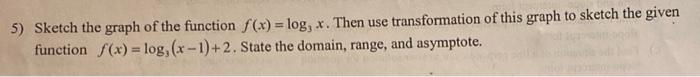 Solved 5) Sketch the graph of the function f(x)=log3x. Then | Chegg.com