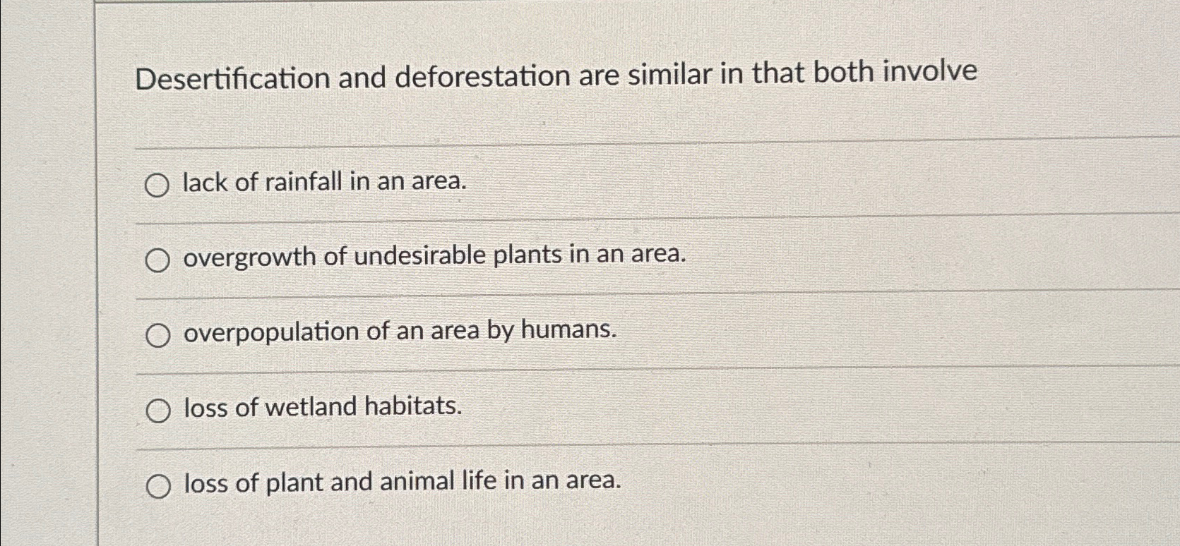 Solved Desertification and deforestation are similar in that | Chegg.com