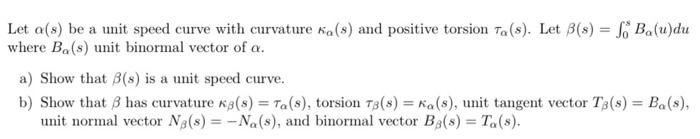 Solved Let α(s) be a unit speed curve with curvature κα(s) | Chegg.com