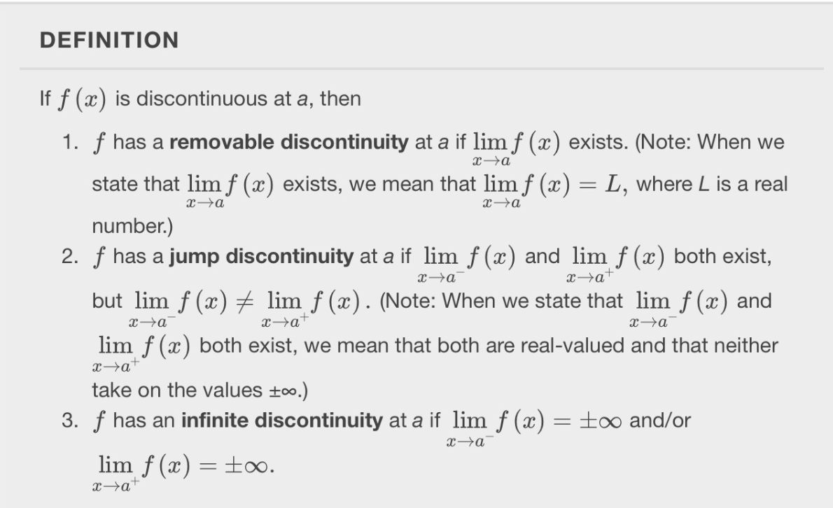 Solved DEFINITIONIf f(x) ﻿is discontinuous at a, ﻿thenf ﻿has | Chegg.com