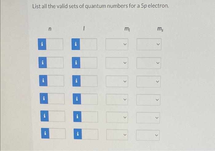 Solved List all the valid sets of quantum numbers for a 5p | Chegg.com