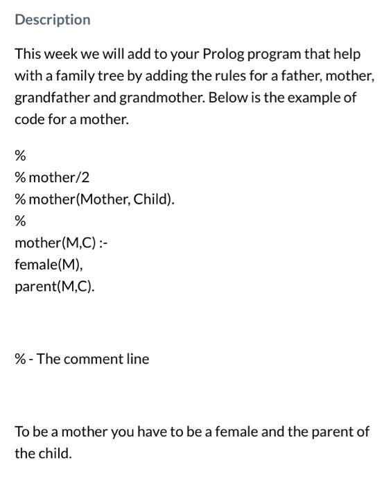 Solved Description This week we will add to your Prolog | Chegg.com