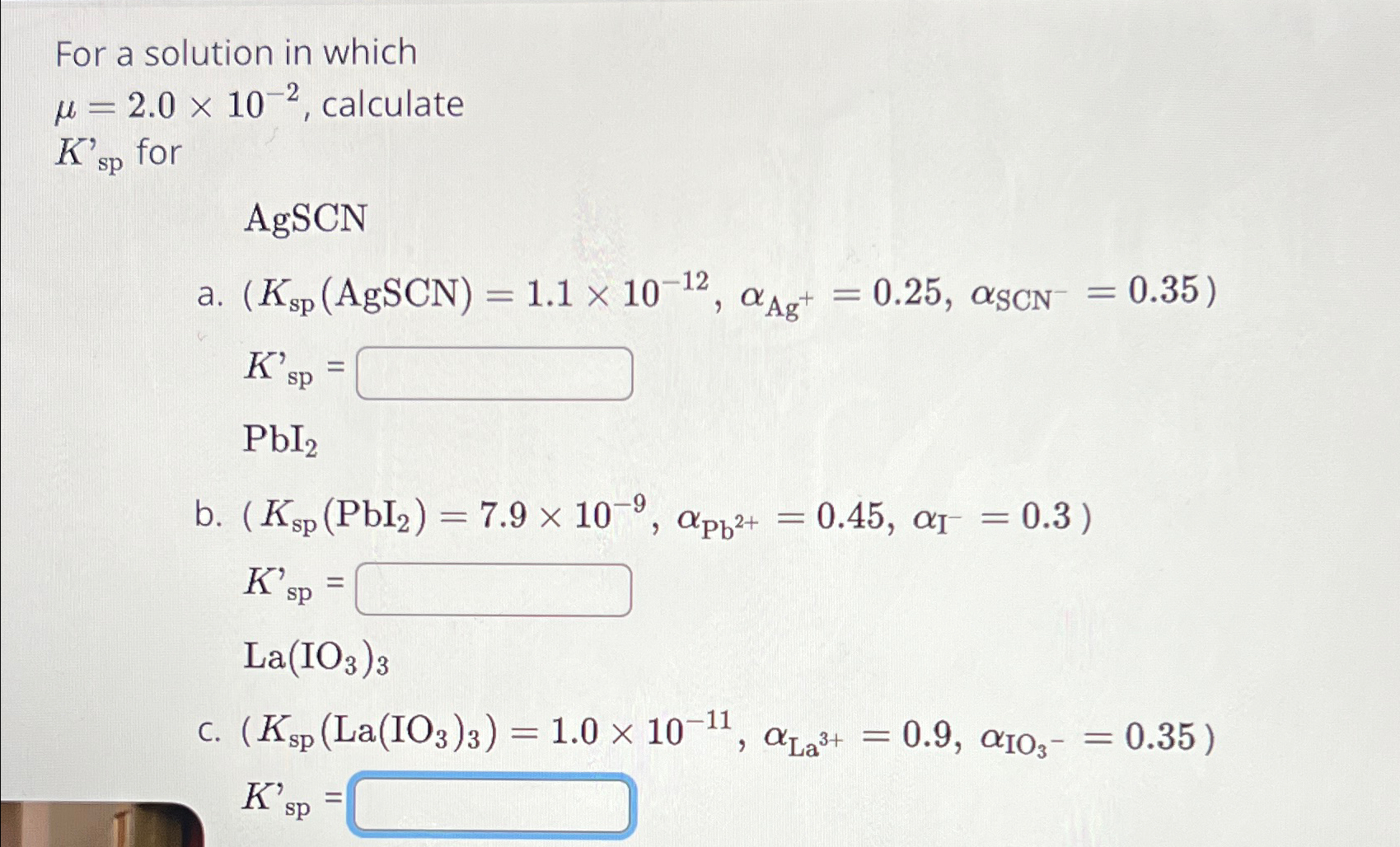 Solved For a solution in whichμ=2.0×10-2, ﻿calculateK' ﻿sp | Chegg.com