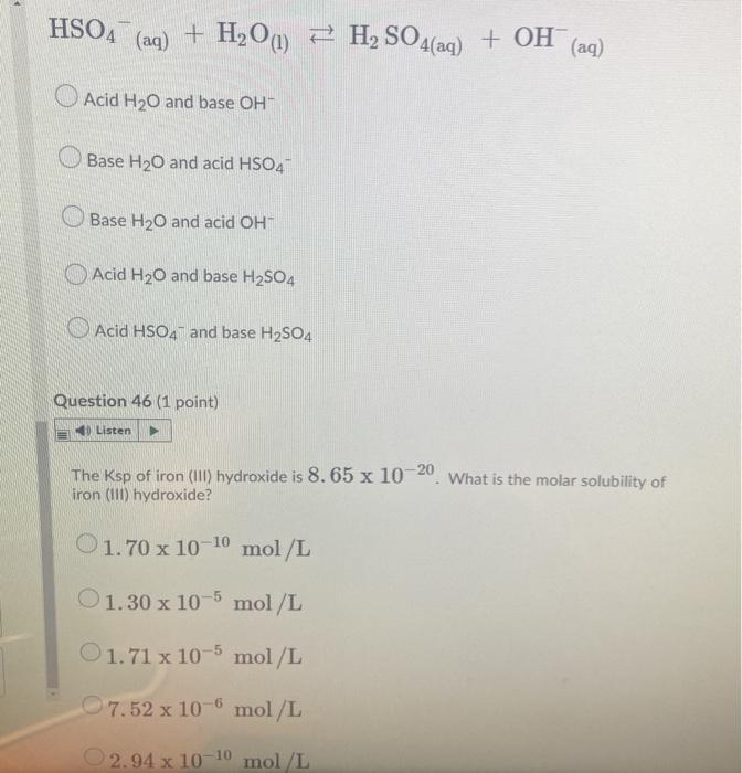 Solved HSO4 (aq) + H2O) = H2 SO4(aq) + OH(aq) Acid H20 and | Chegg.com