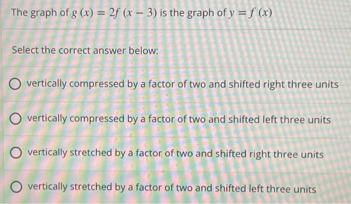 Solved The graph of g () = 2f (x – 3) is the graph of y = f | Chegg.com