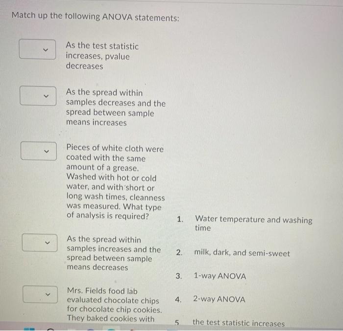 Solved Match up the following ANOVA statements: V As the | Chegg.com