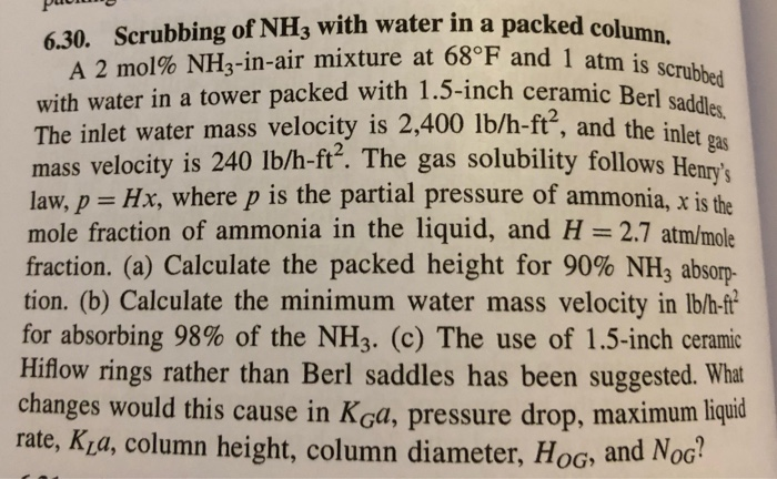 Solved Scrubbing of NH3 with water in a packed column 6.30. | Chegg.com