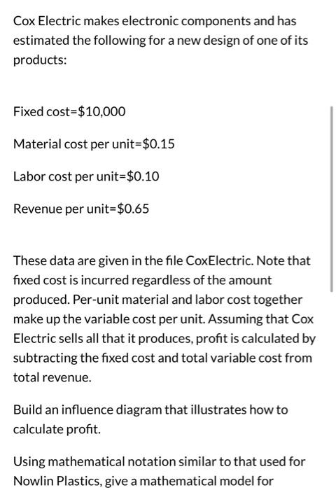 Solved Cox Electric makes electronic components and has | Chegg.com