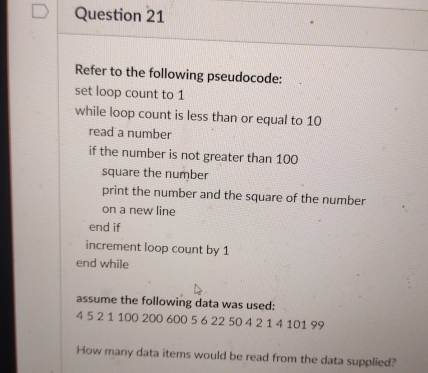 Solved Question 21Refer to the following pseudocode:set loop | Chegg.com