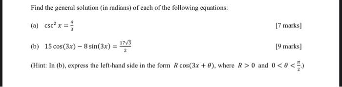 Solved Find the general solution (in radians) of each of the | Chegg.com