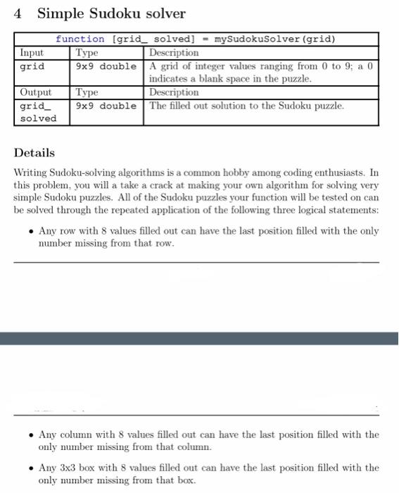 Solved 4 Simple Sudoku solver function (grid_ solved] | Chegg.com
