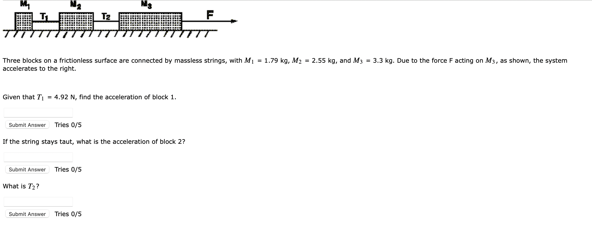 Solved accelerates to the right.Given that T1=4.92N, ﻿find | Chegg.com
