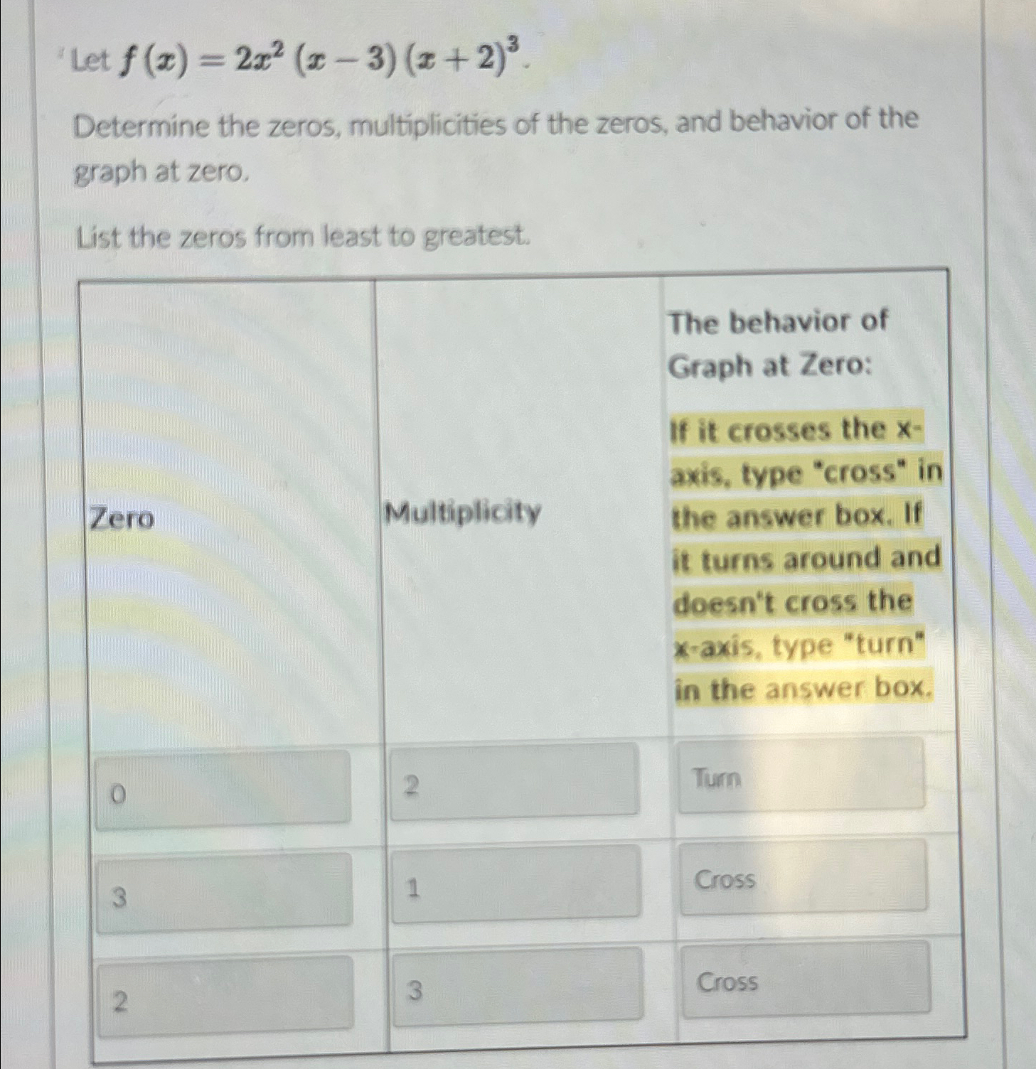 Solved Let f(x)=2x2(x-3)(x+2)3.Determine the zeros, | Chegg.com