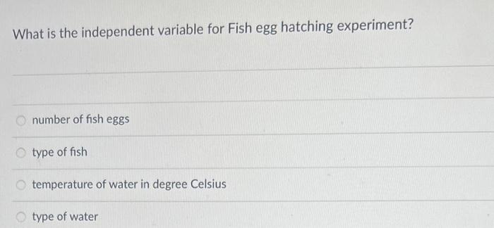 Solved What is the dependent variable for Fish egg hatching | Chegg.com
