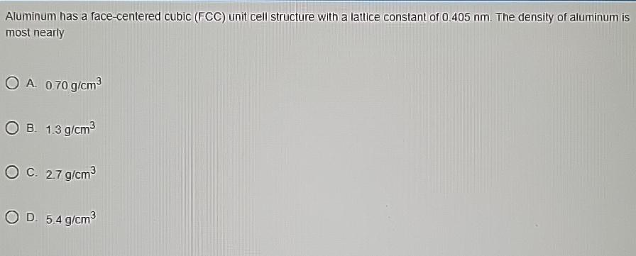 Solved Aluminum has a face-centered cubic (FCC) unit cell | Chegg.com